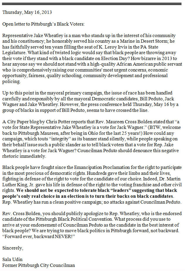 STATE REP. JAKE WHEATLEY - AN OPEN LETTER TO PITTSBURGH'S BLACK VOTERS ...